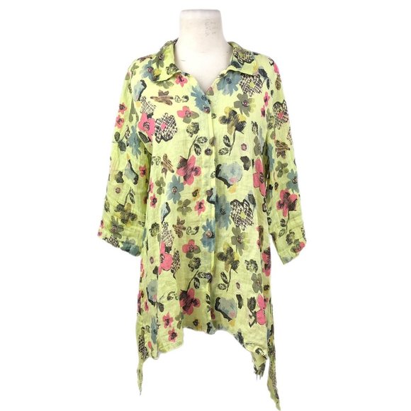 Click | Tops | Click By Color Me Cotton Yellow Floral Print Linen Tunic ...